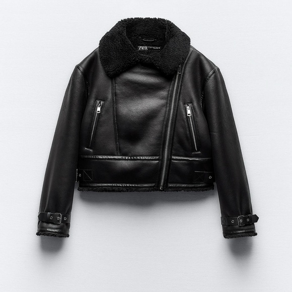 Zara | Jackets & Coats | Zara Black Leather Jacket With Shearling ...